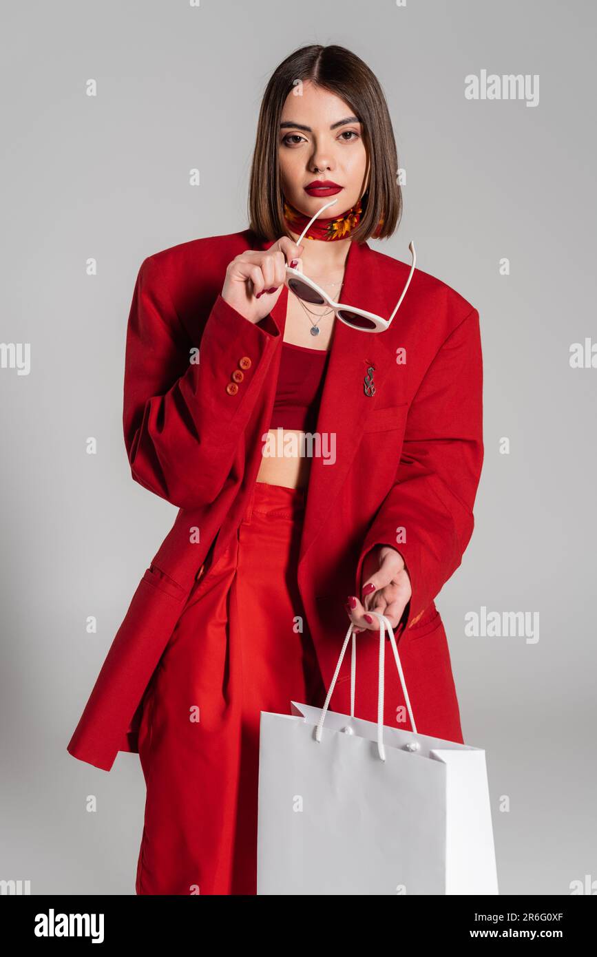 fashionable, generation z, shocked young woman with brunette short hair ...