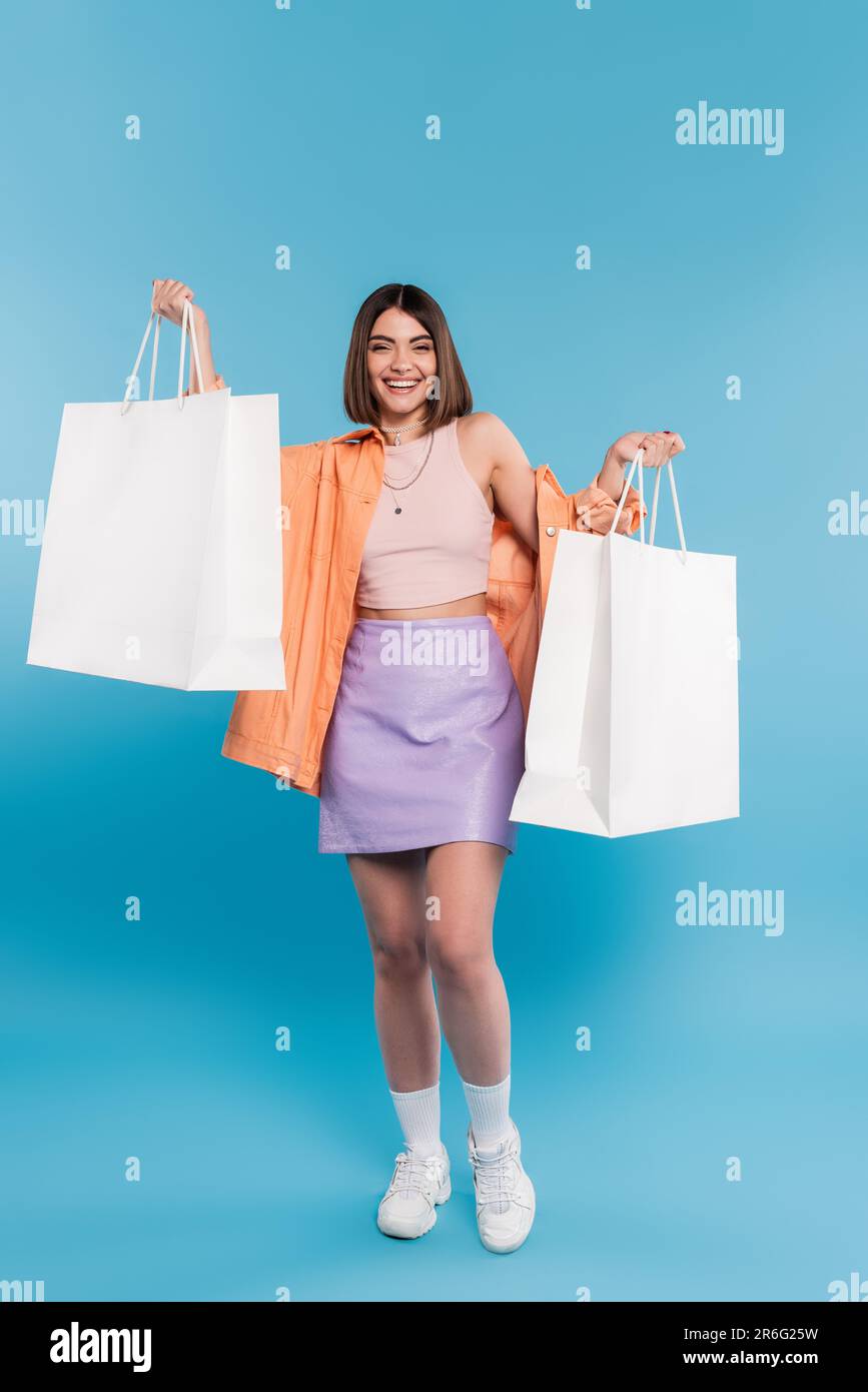 positivity, summer shopping, cheerful young woman in trendy outfit ...