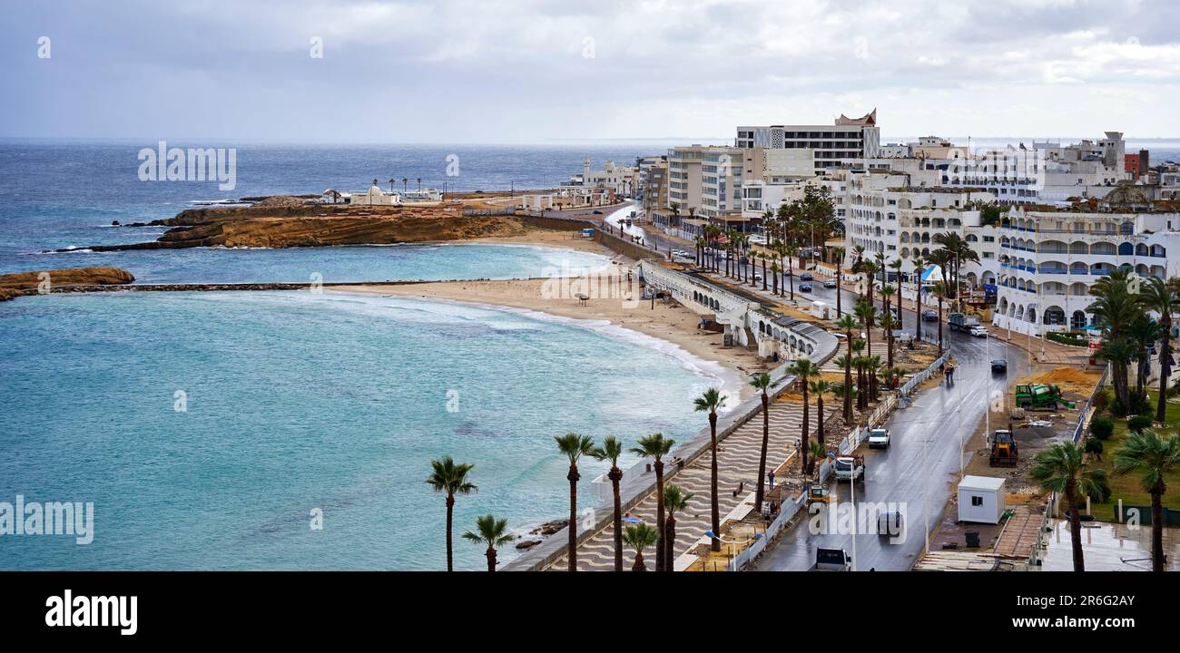 Monastir, Tunisia, January 19, 2023: Aerial view of the promenade with ...