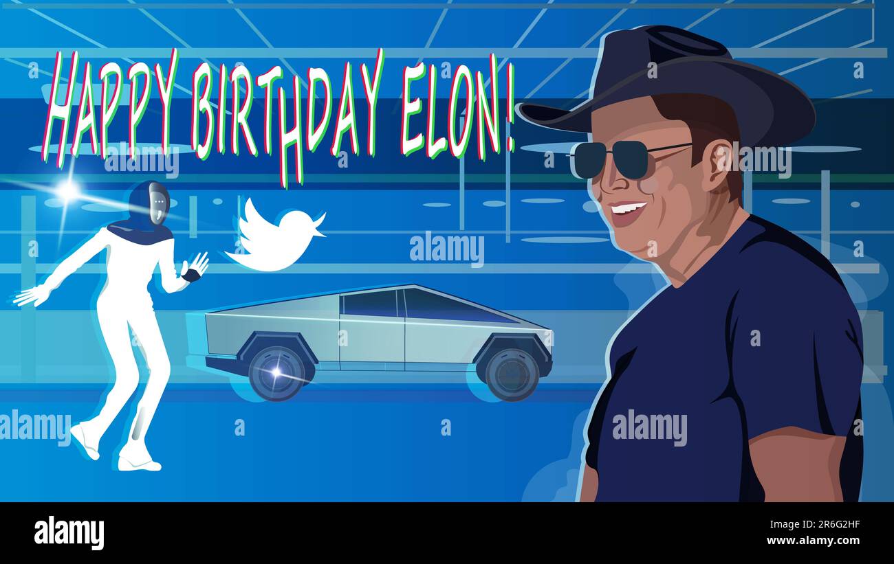 Happy birthday Elon. Elon Musk portrait, Tesla Bot, Twitter logo, Tesla ...