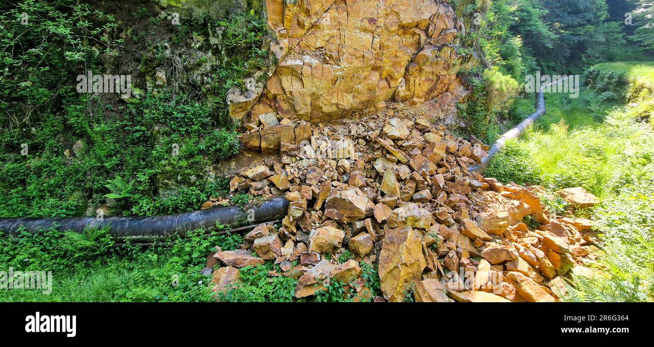 Cliff collapse on a Penstock pipe, Val d'Enfer, Loire, France Stock ...