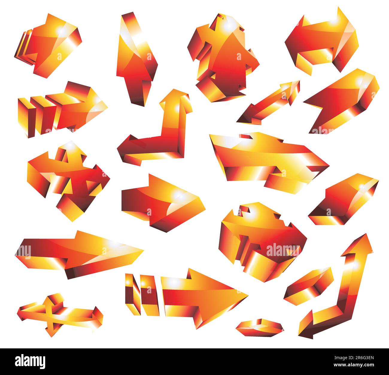Set of 3D glossy gold orange arrow set. Various shape and directions ...