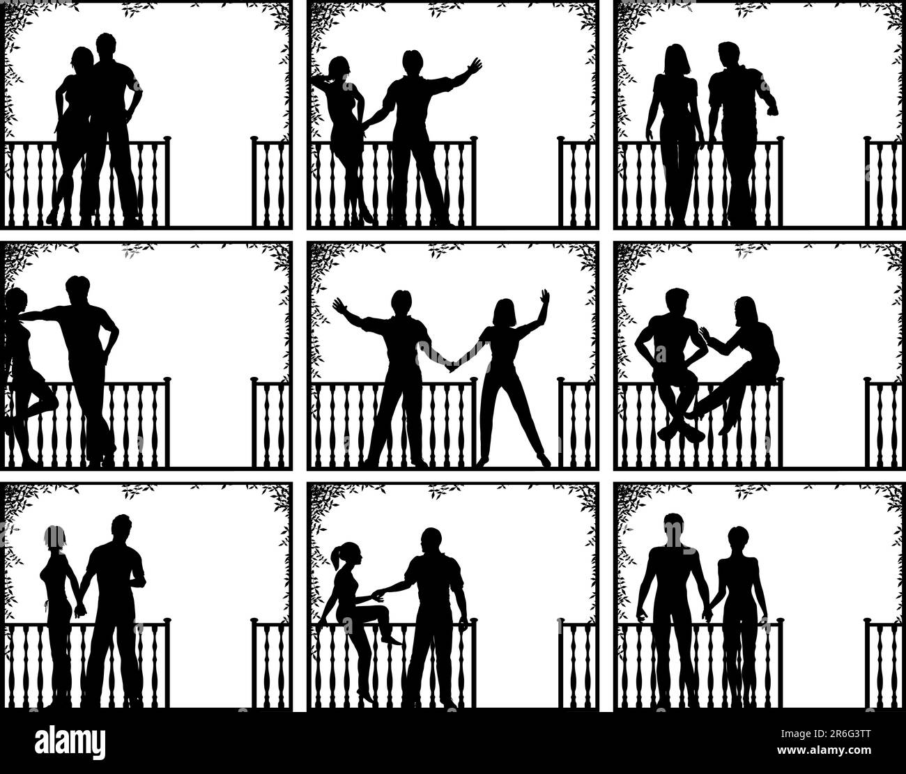 Set of editable vector illustrations of couples on a porch with people ...