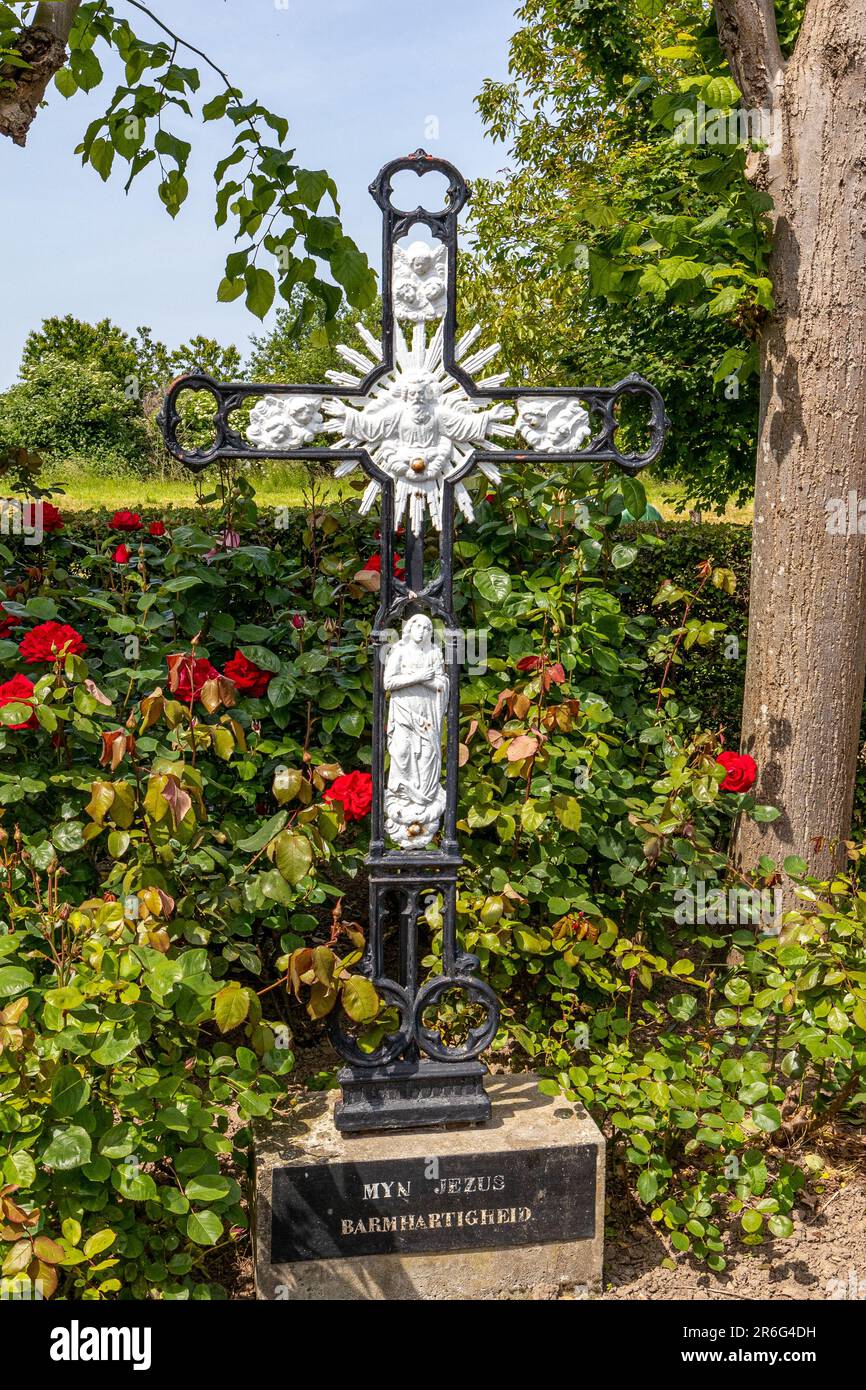 Metal cross with Sacred Heart of Jesus and Virgin Mary, inscription: My ...