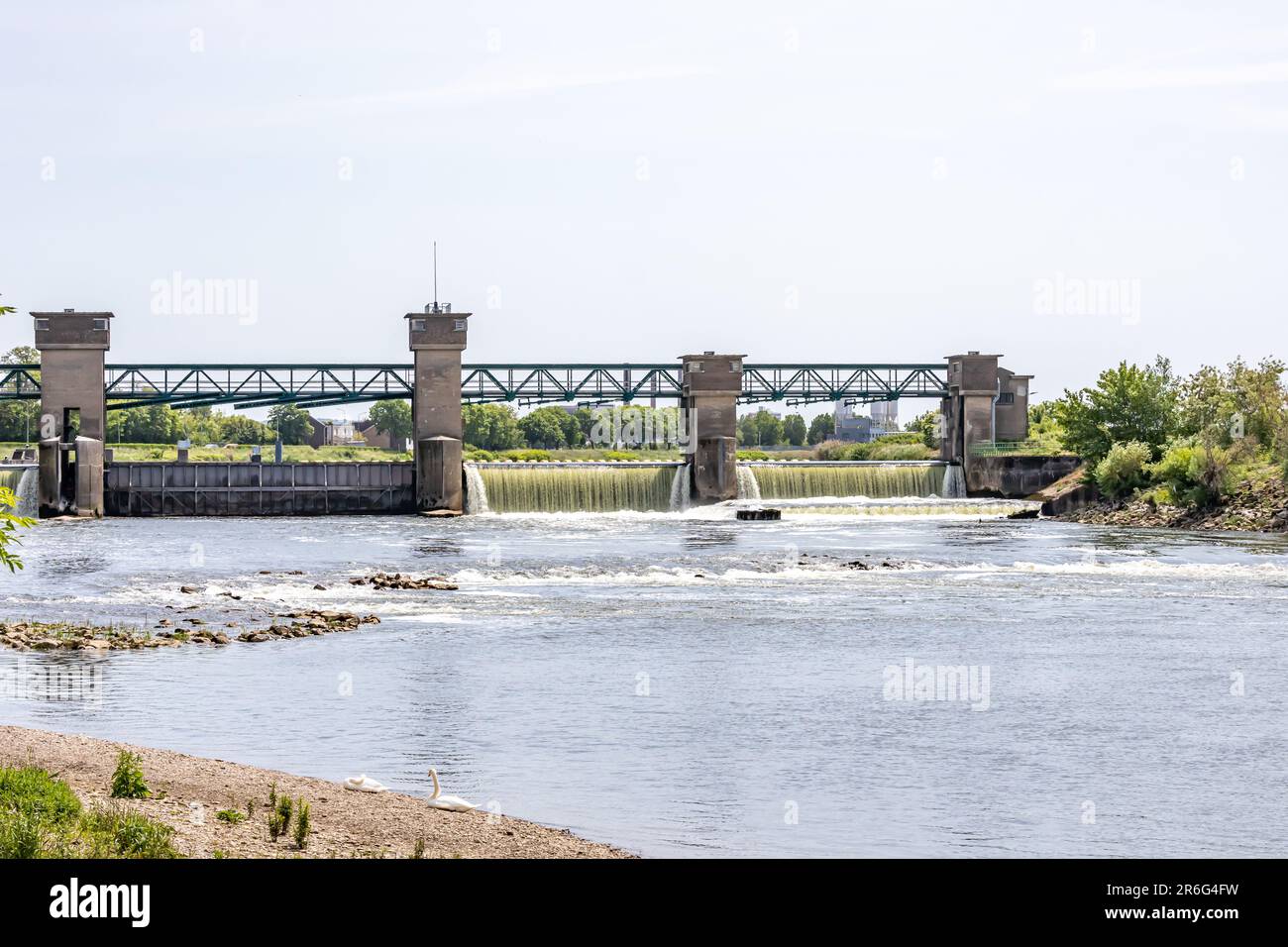 Water flowing in Borgharen dam and lock complex, waterworks to regulate ...