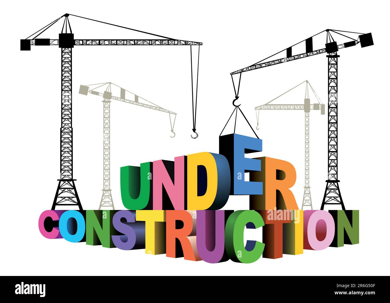 Under construction crane and colorful letters on white background. File ...