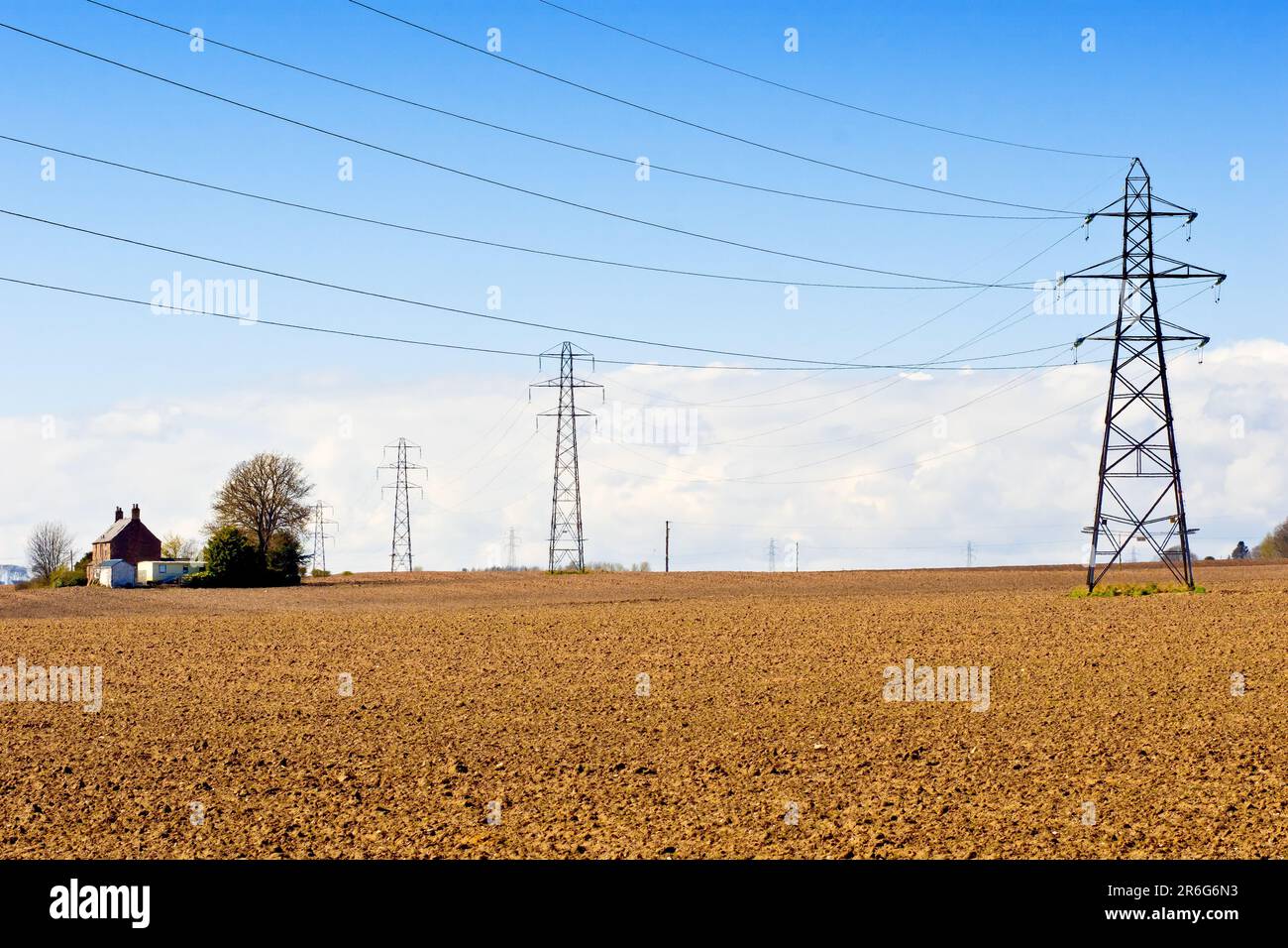 Electricity pylons march across the open, fertile farmland of Angus ...