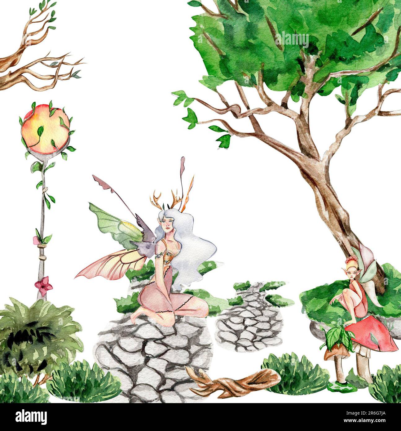 Composition with forest fairy, green tree and bushes . Watercolor hand ...