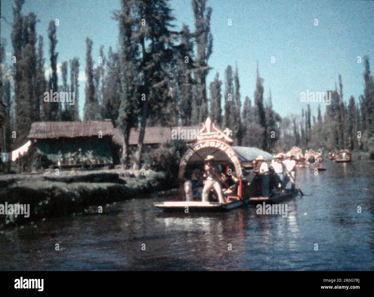 1950s- Xochimilco Mexico City, decorated trajineras (rafts) floating ...
