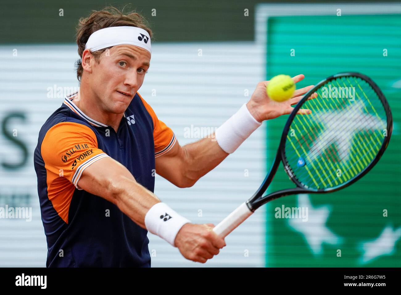 Norway's Casper Ruud plays a shot against Germany's Alexander Zverev ...