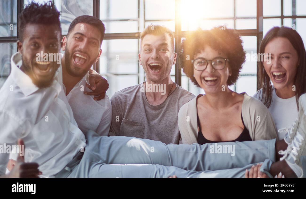 Job promotion celebration, winning prize, success in work or goal ...