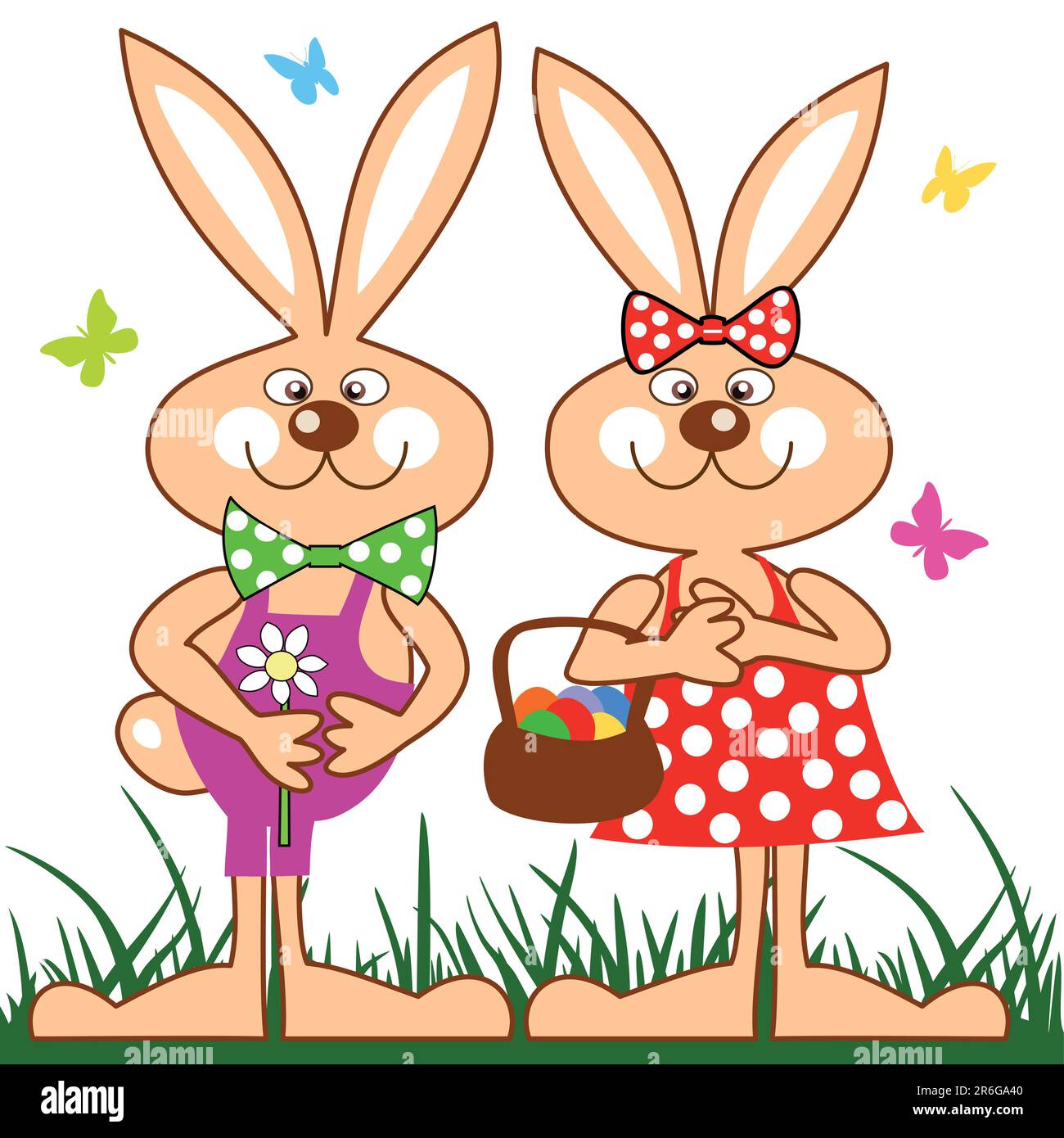 Easter bunny family in the grass with basket of eggs. File included Eps ...