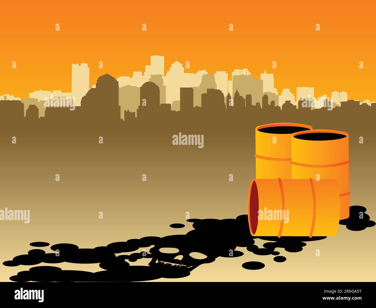 Oil spill in the shape of a skull with a smoggy city in the background ...