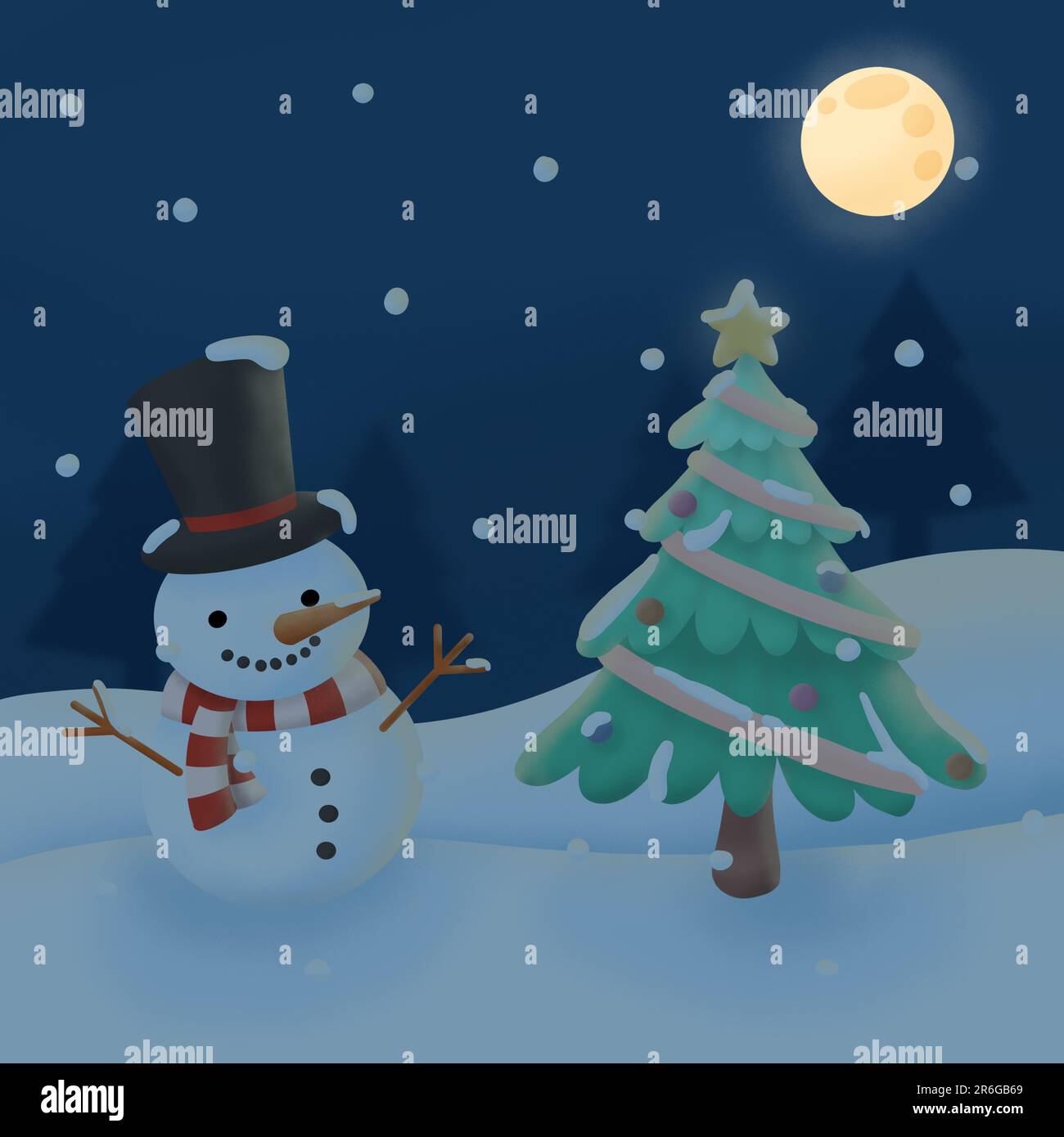 Hand drawn cartoon illustration of Snowman and Christmas tree at night ...