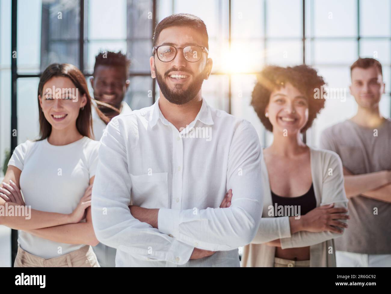 Successful company with happy workers. employees group team portrait ...