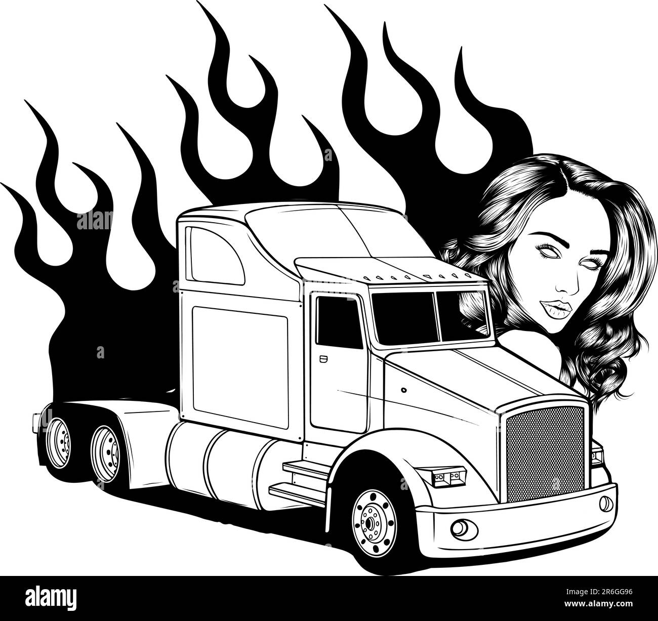 Monochrome semi truck with woman face and flames vector illustration on ...