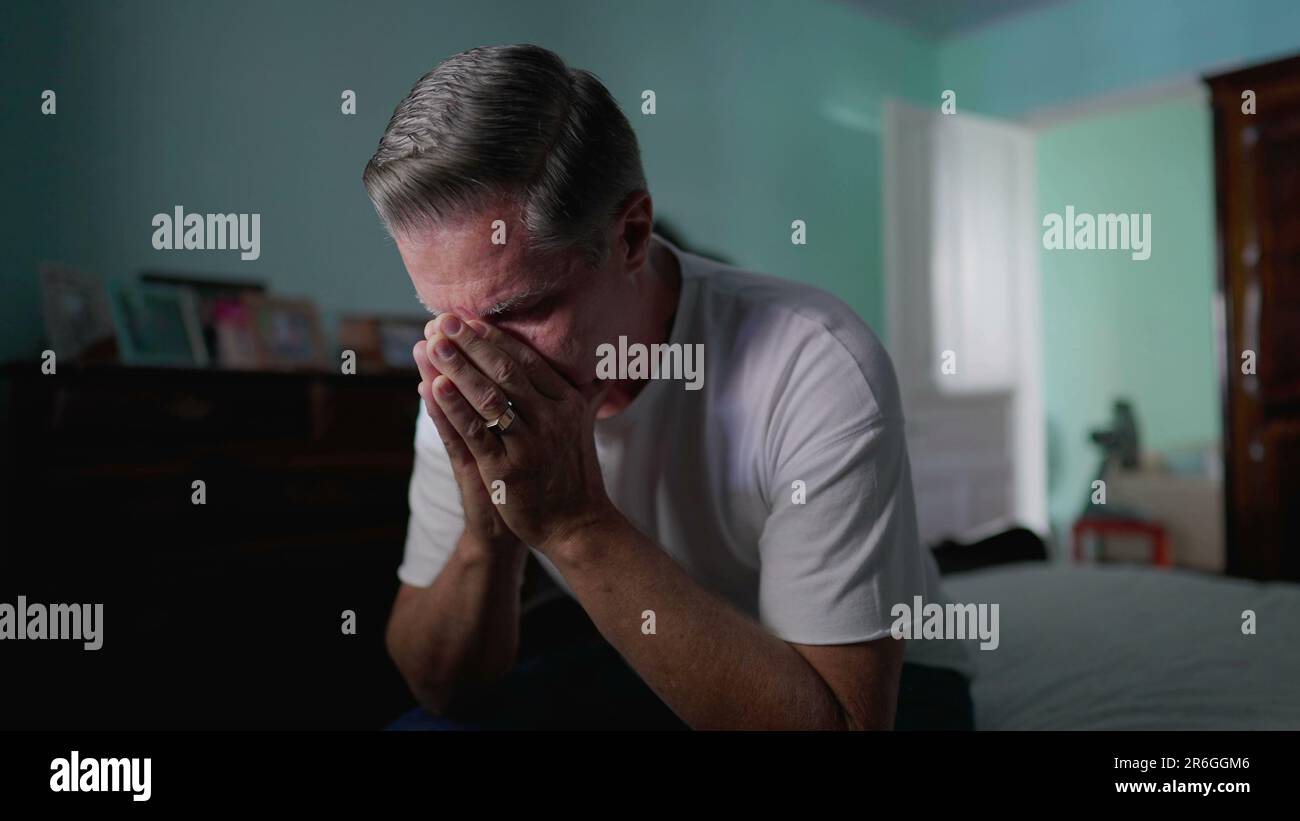 Stressed Middle-Aged Man Feeling Anxiety, Sitting by Bedside Depicting ...