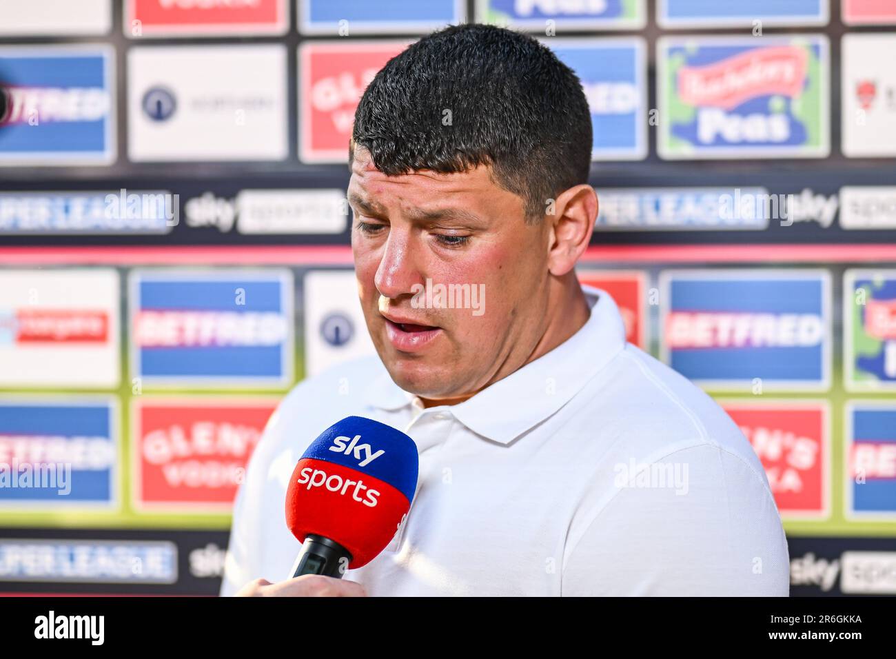 Matt Peet Head Coach of Wigan Warriors during the pre match interview ...