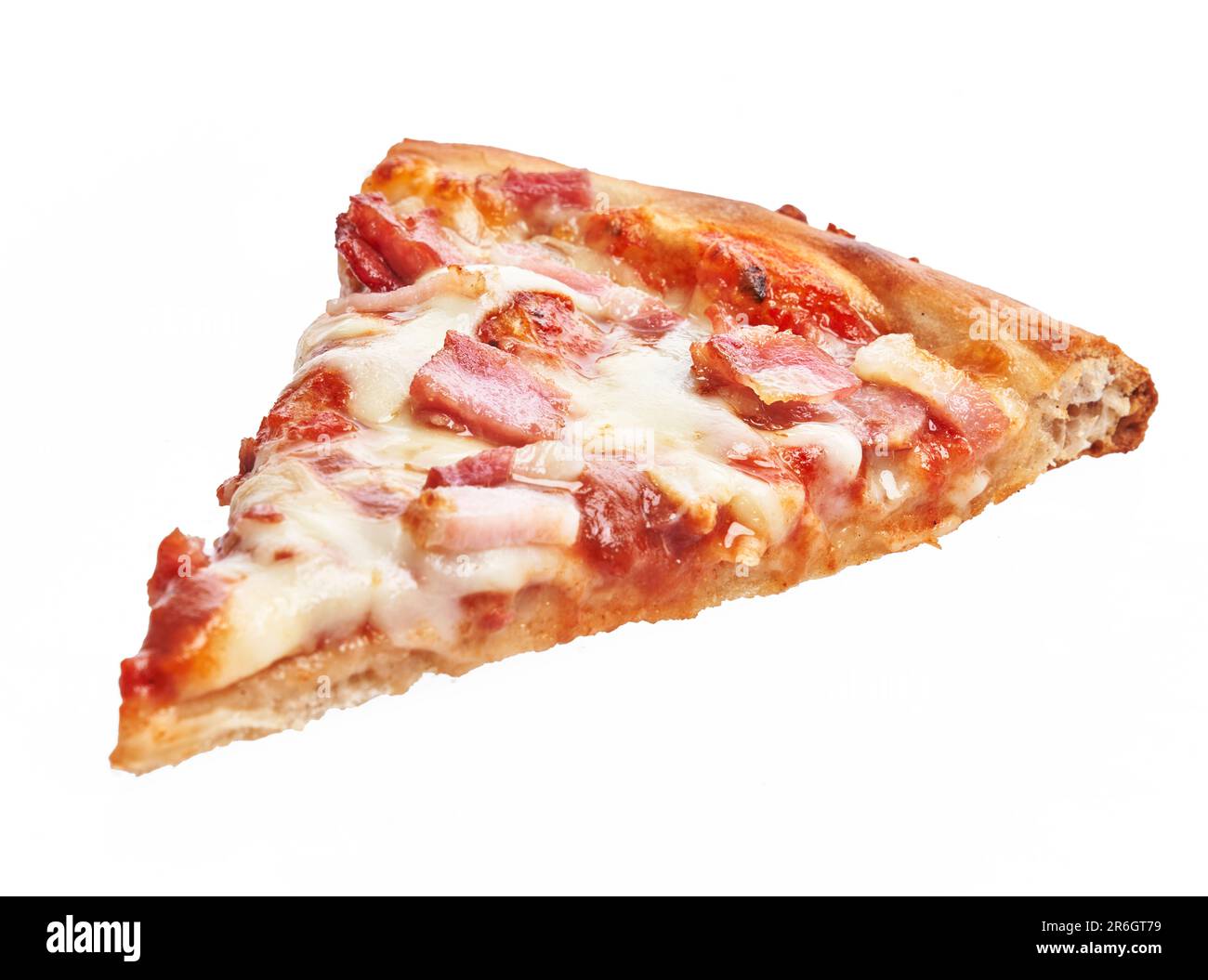 Slice of italian bacon pizza over white isolated background Stock Photo ...