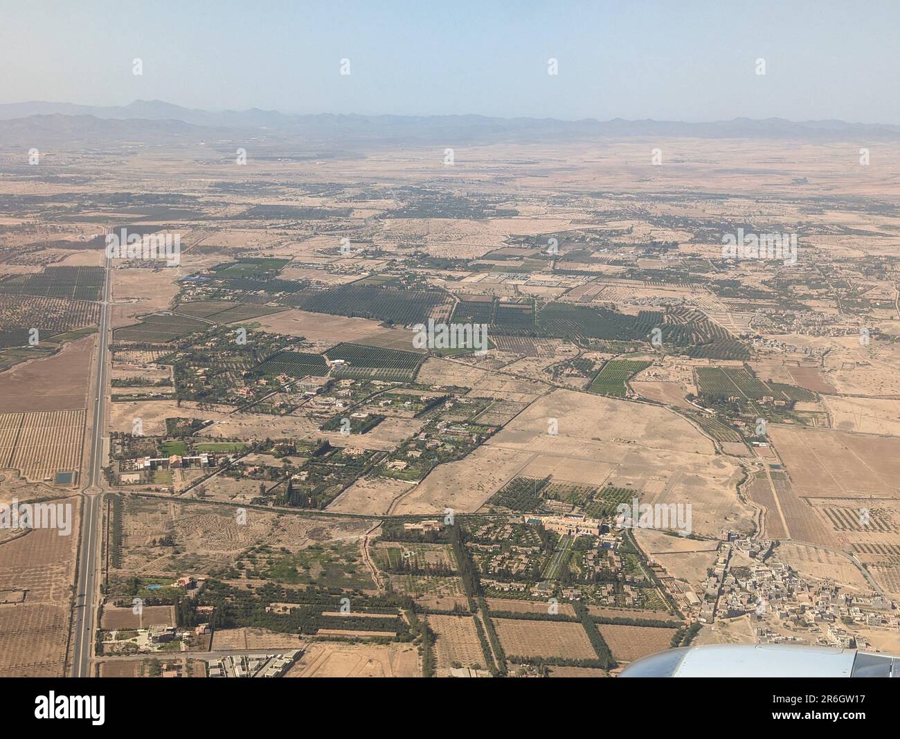 Aerial view of the Moroccan landscape and Marrakesh seen from an ...
