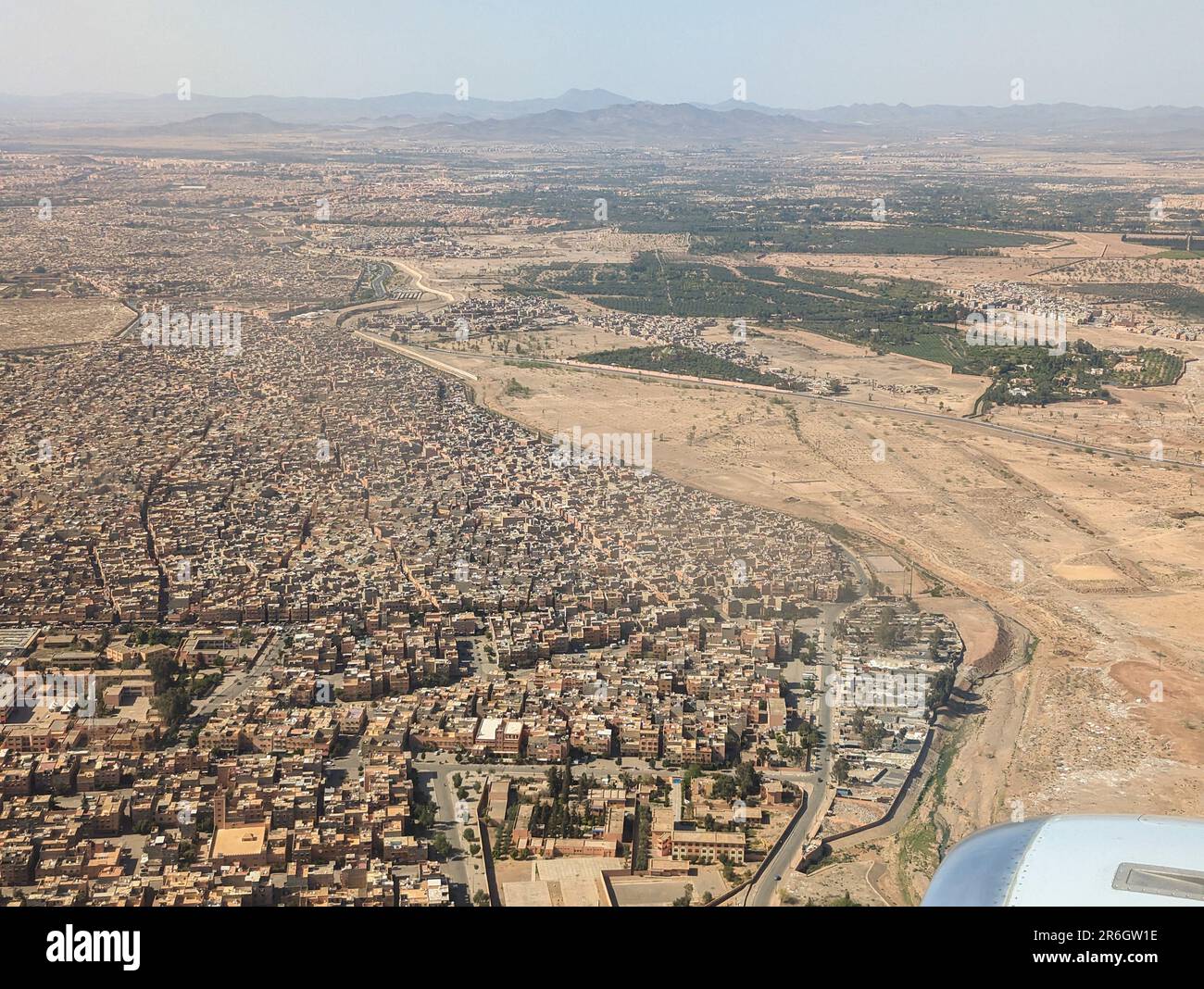 Aerial view of the Moroccan landscape and Marrakesh seen from an ...
