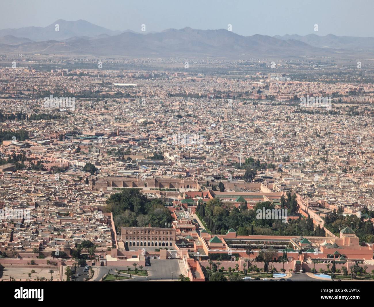 Aerial view of the Moroccan landscape and Marrakesh seen from an ...
