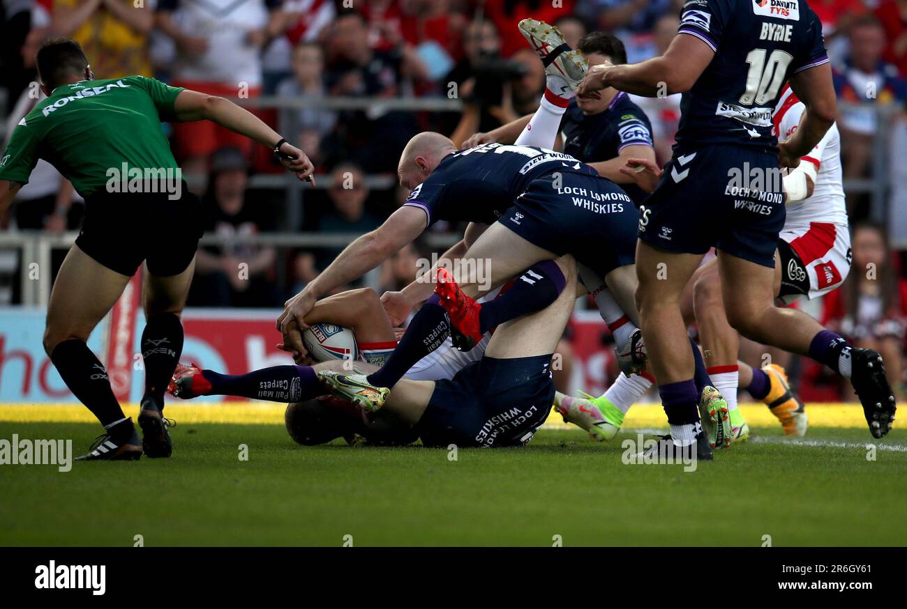 St Helens’ Joe Batchelor scores his sides first try during the Betfred ...