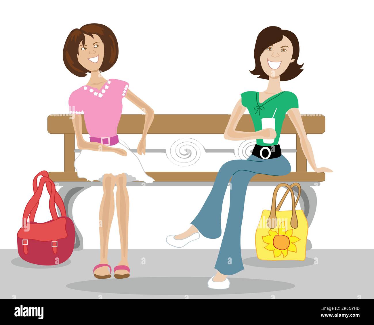 a hand drawn illustration of two women sat on a bench in town talking ...