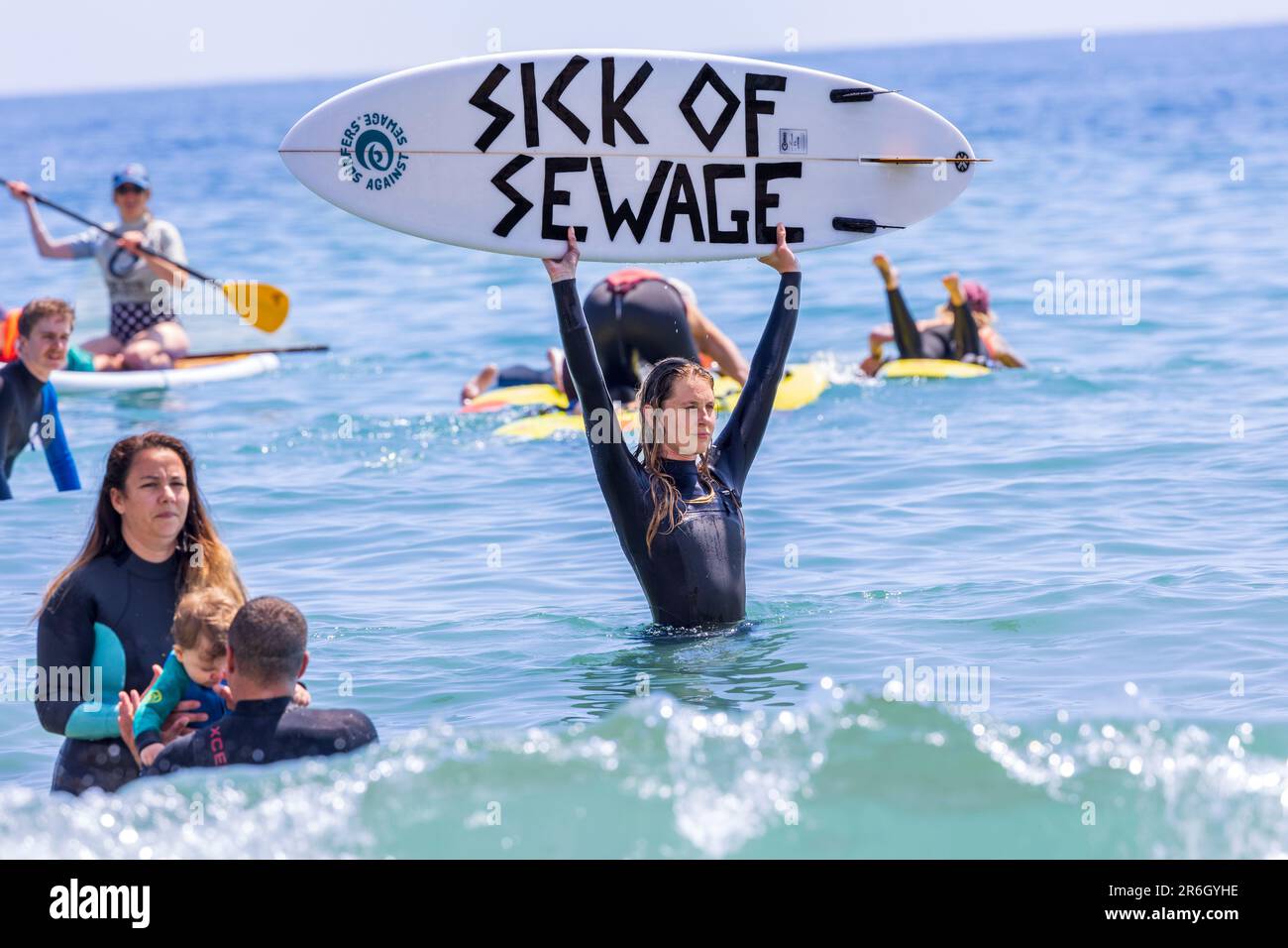 Falmouth.Cornwall.UK.052023 Protesters on Gyllyngvase Beach joined ...