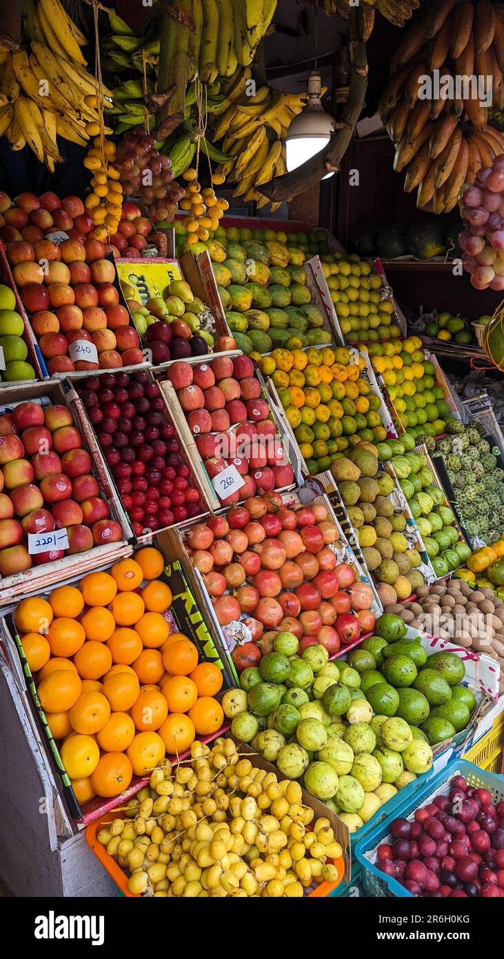 A vibrant selection of fresh fruit on display at a market stand Stock ...
