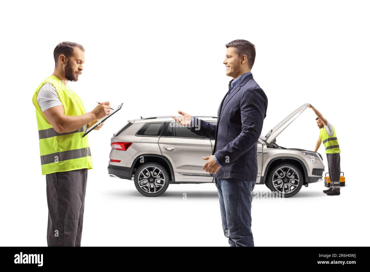 Man with a broken down car talking to a road assistance worker isolated ...