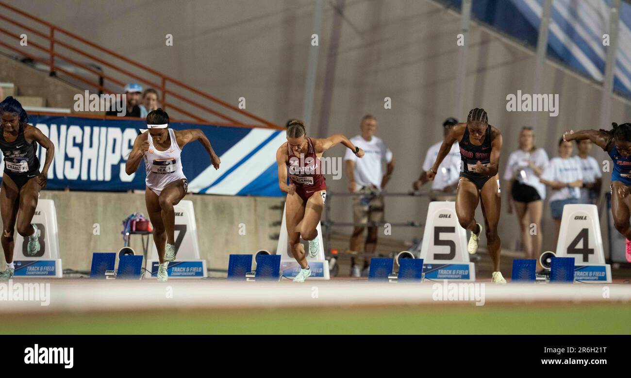 Oklahoma's KENNEDY BLACKMON (c) leads out of the blocks in the 100 ...