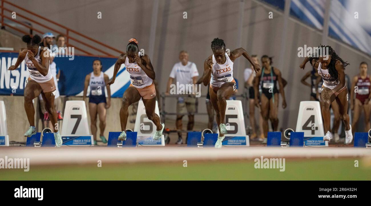 Texas sprinters take of in the first heat of the women's 100 meters at ...