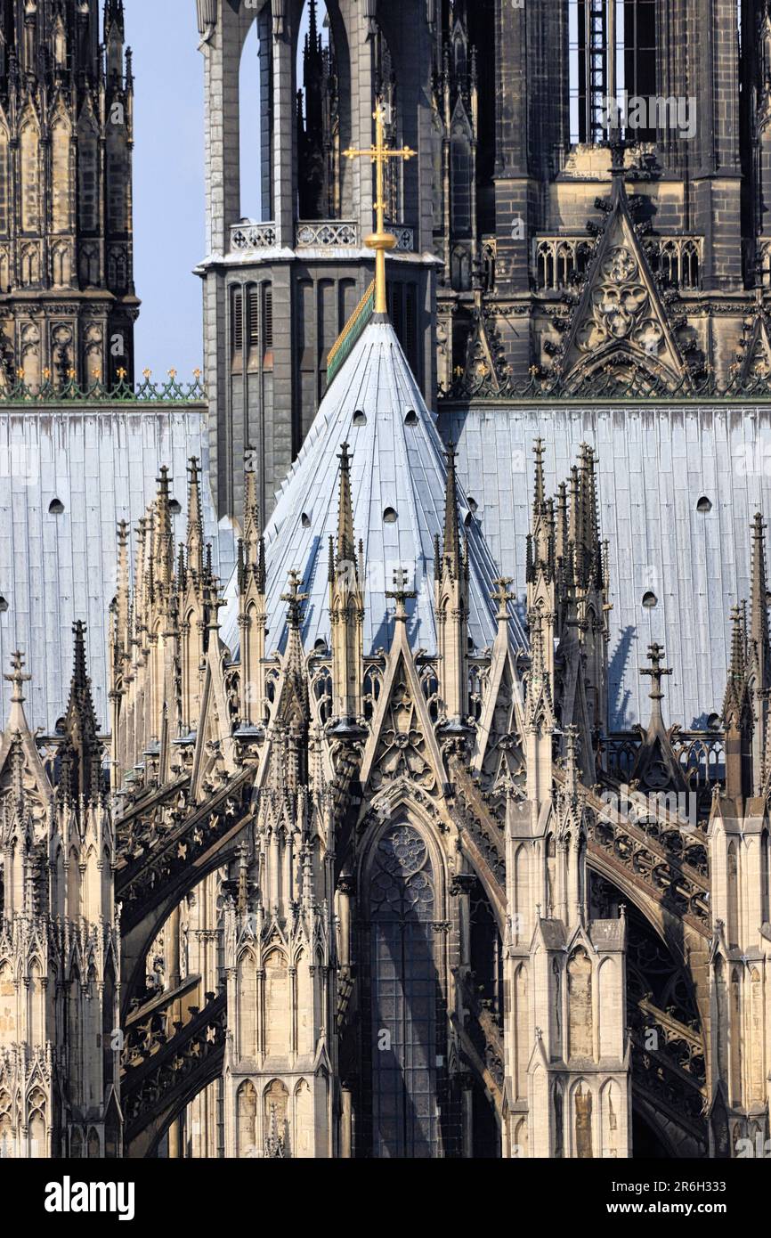 A vertical shot of details on the historic gothic Koelner Dom cathedral ...