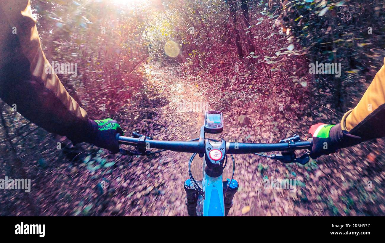 Riding a mountain bike rider handlebar point of view in the middle of a ...