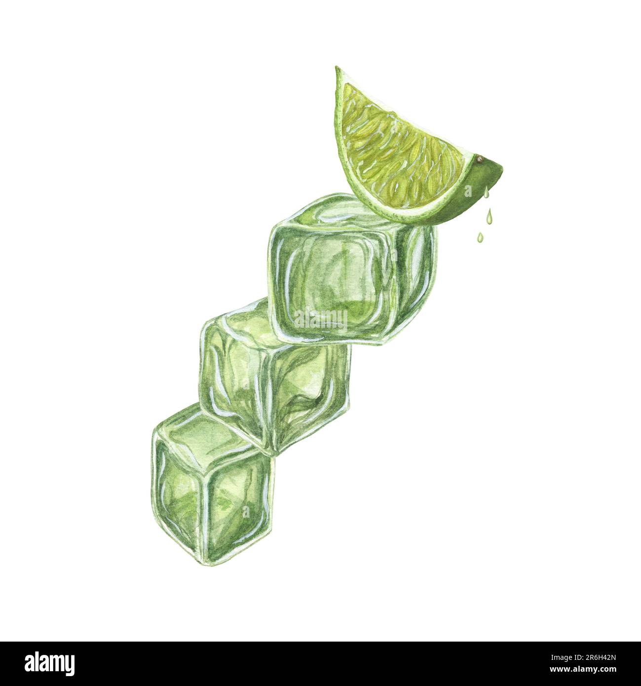 Watercolor concept of balance with pyramid of ice cubes and fresh lime ...
