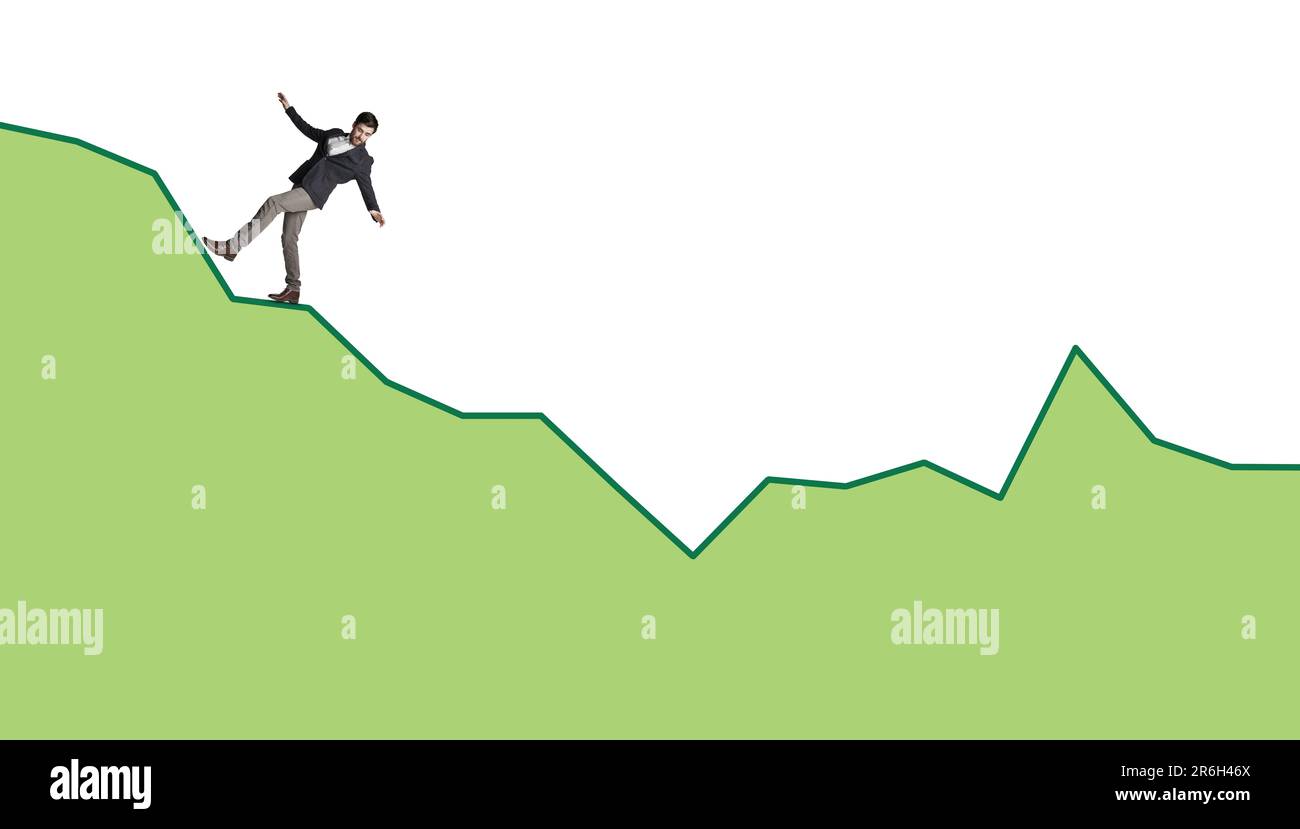 The slippery slopes of the stock market. a businessman falling off a ...