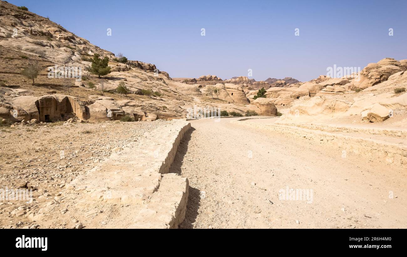 View of the entrance to the magnificent ruins of the ancient Nabatean ...