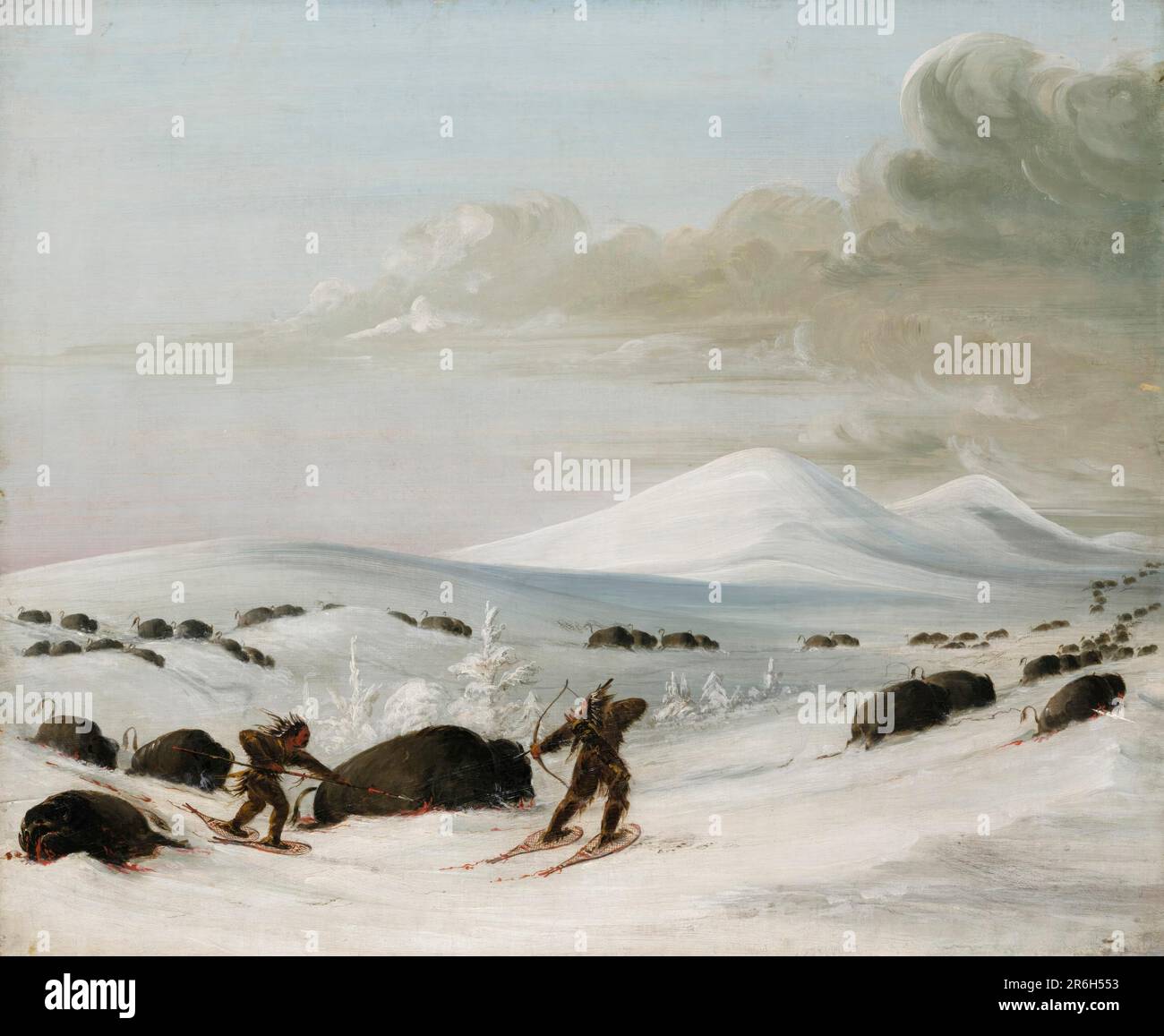 Buffalo Chase in Snowdrifts, Indians Pursuing on Snowshoes. oil on ...