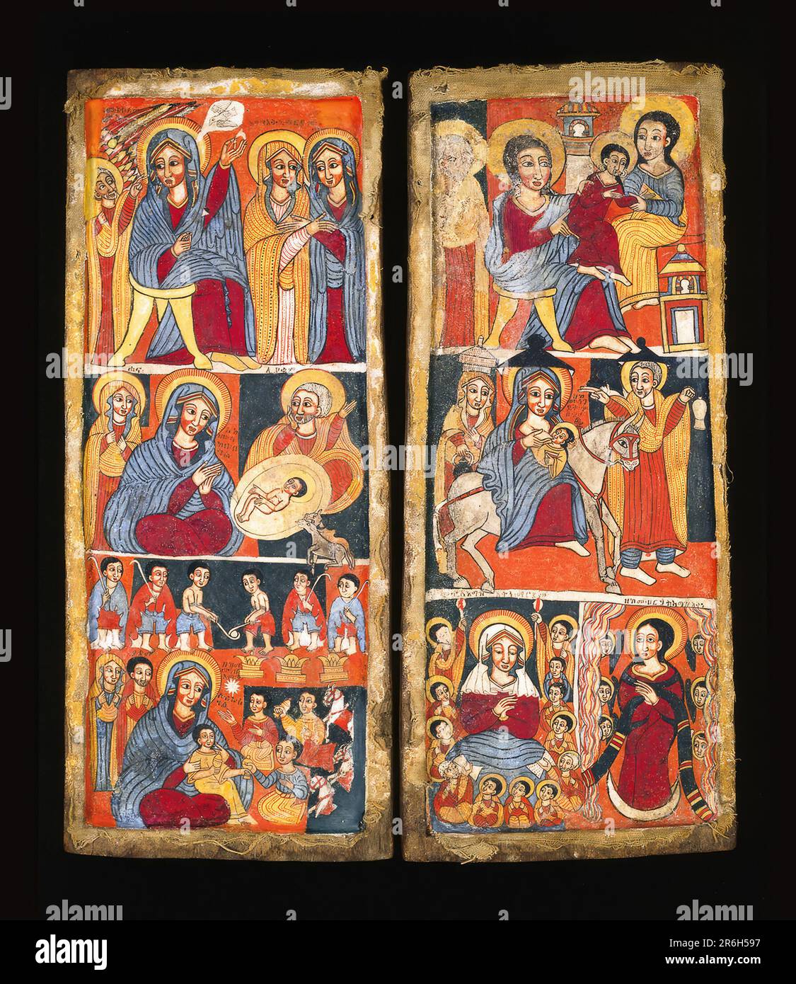 Diptych of distemper, gesso and cloth on wood; each panel having three registers with group ...