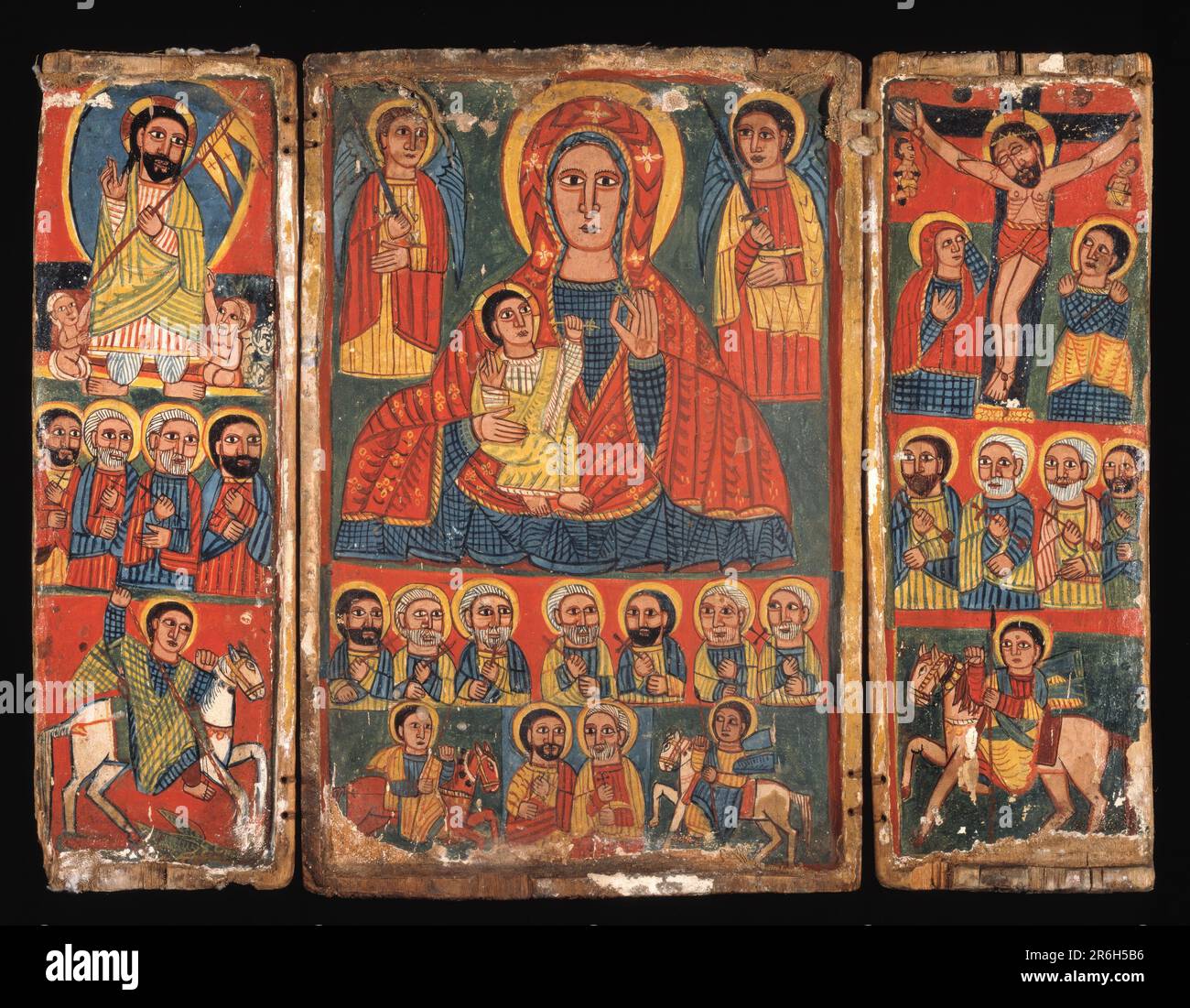 Triptych of distemper, gesso and cloth on wood. Left panel: Adam and Eve being redeemed from ...