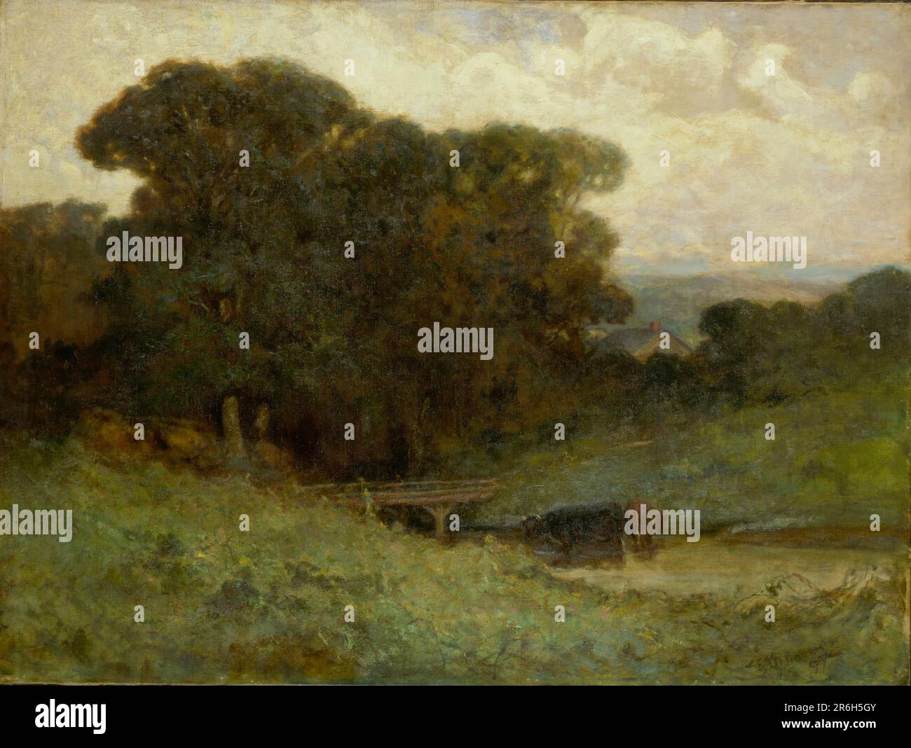 Untitled (forest scene with bridge, cows in stream in foreground). Date ...