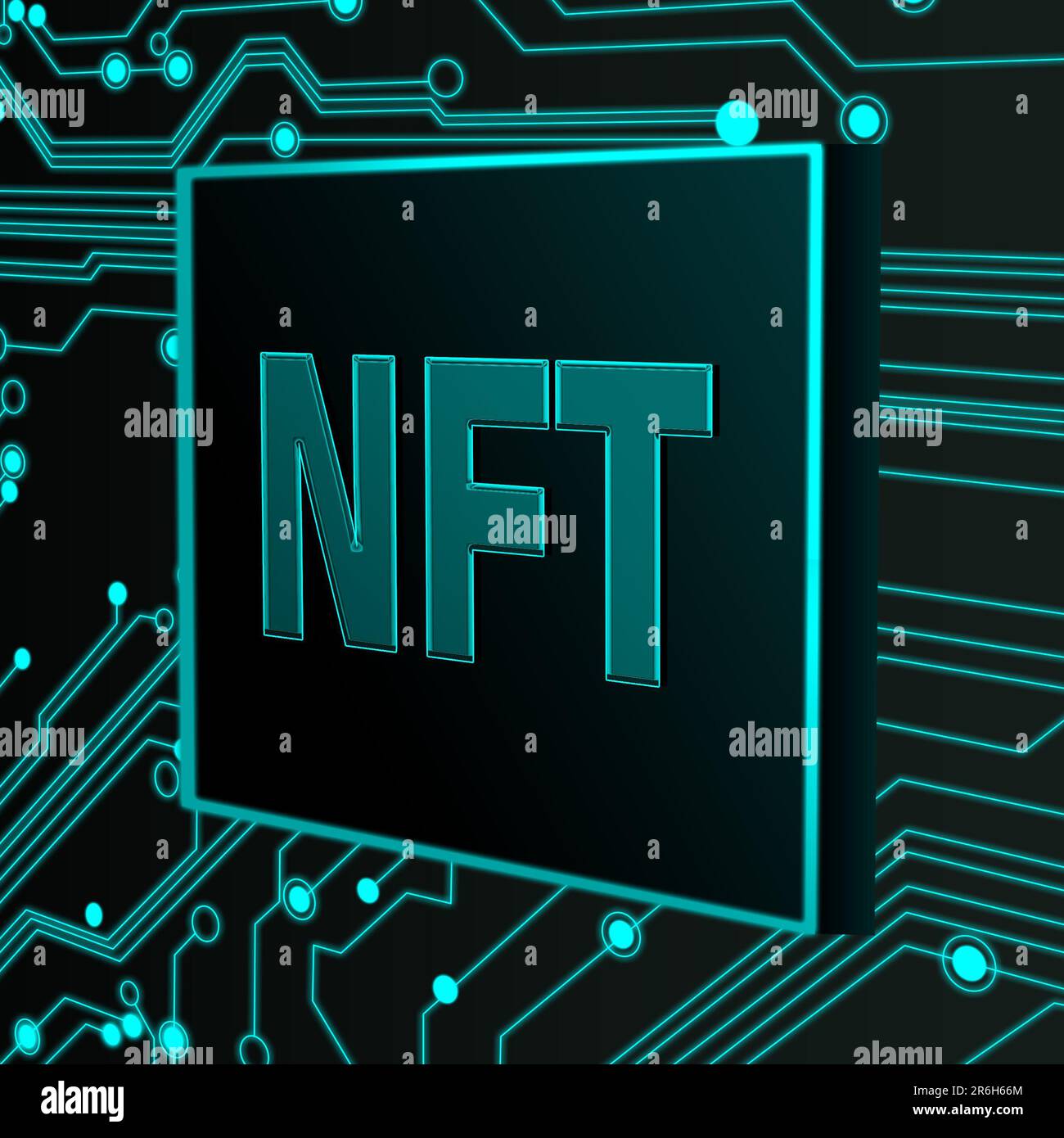 Abbreviation NFT (non-fungible token) on chip and circuit board pattern ...