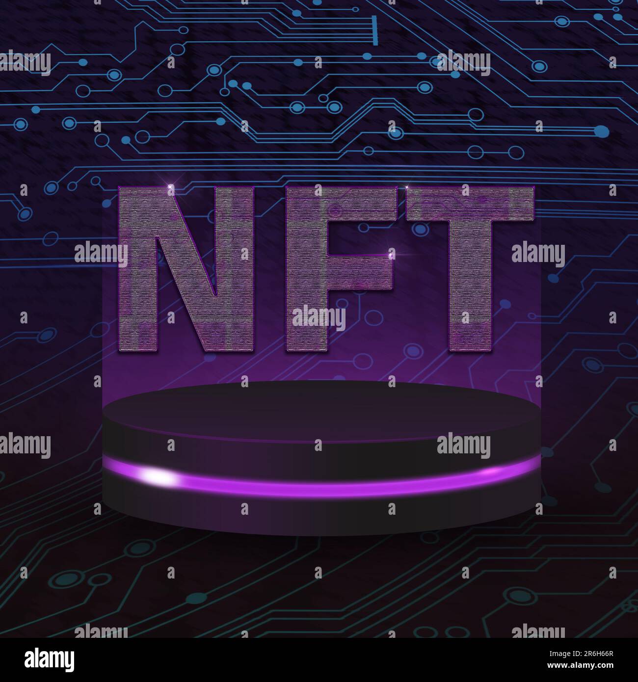 Abbreviation NFT (non-fungible token) on chip and circuit board pattern ...