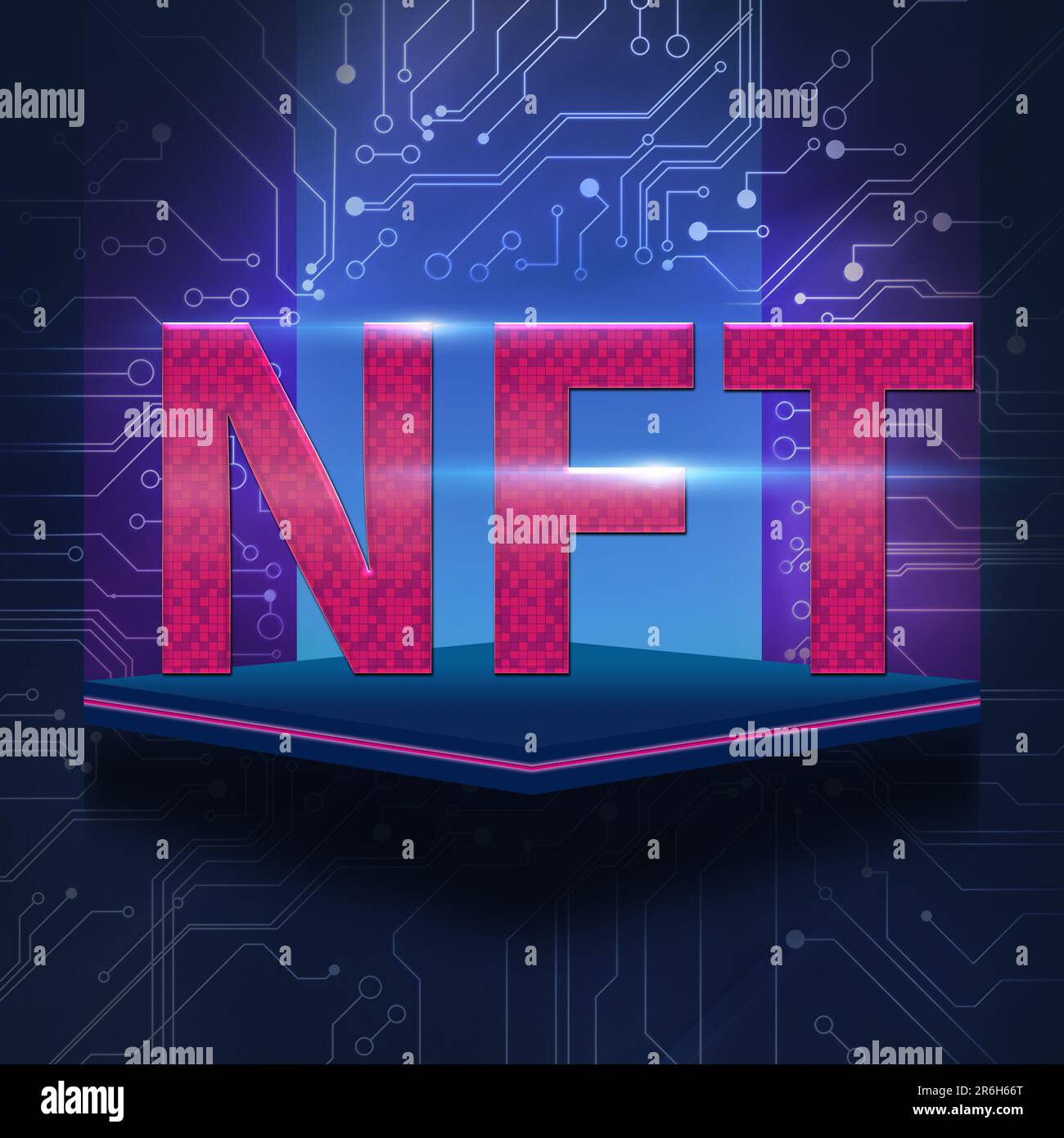 Abbreviation NFT (non-fungible token) on chip and circuit board pattern ...