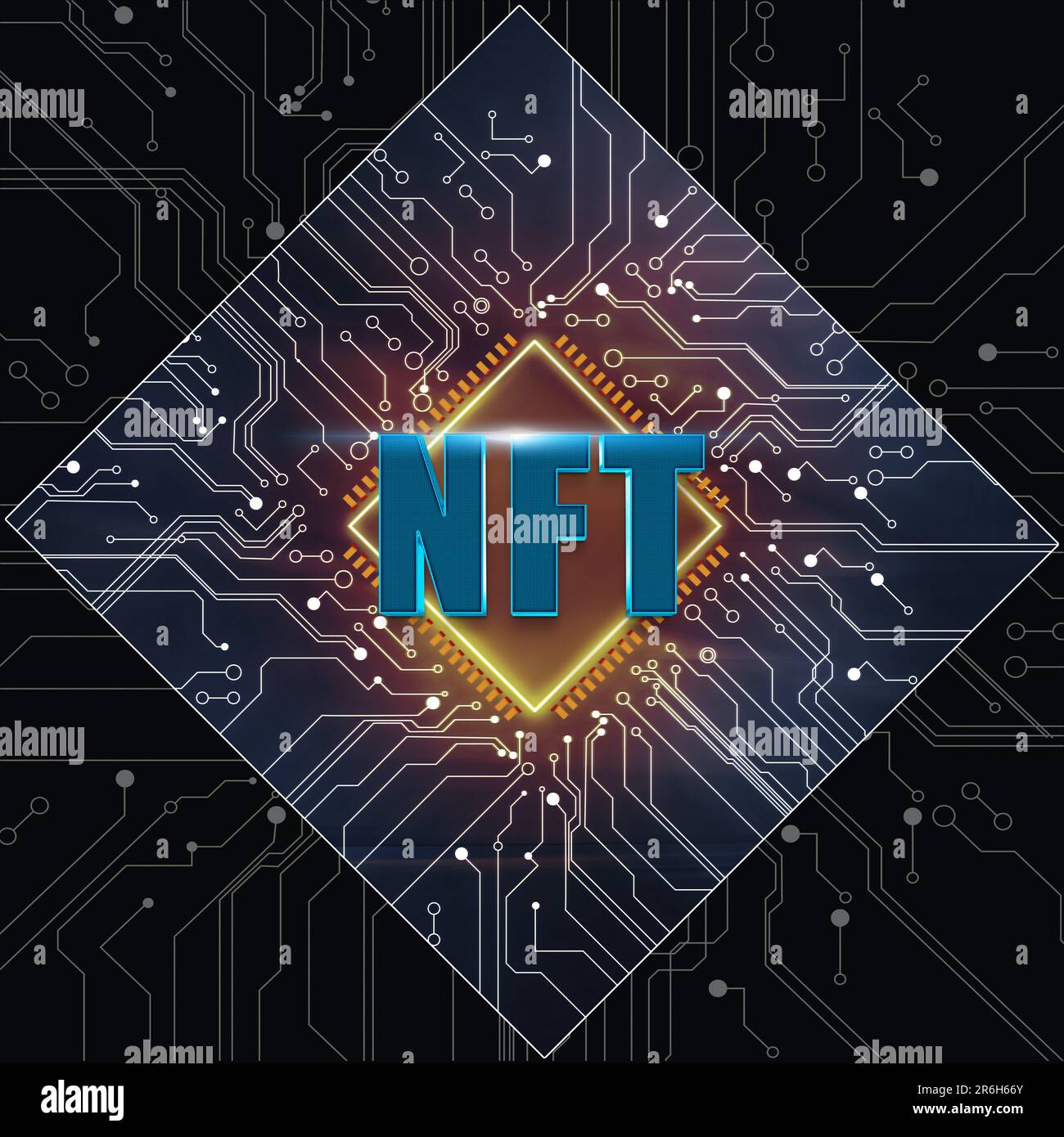 Abbreviation NFT (non-fungible token) on chip and circuit board pattern ...