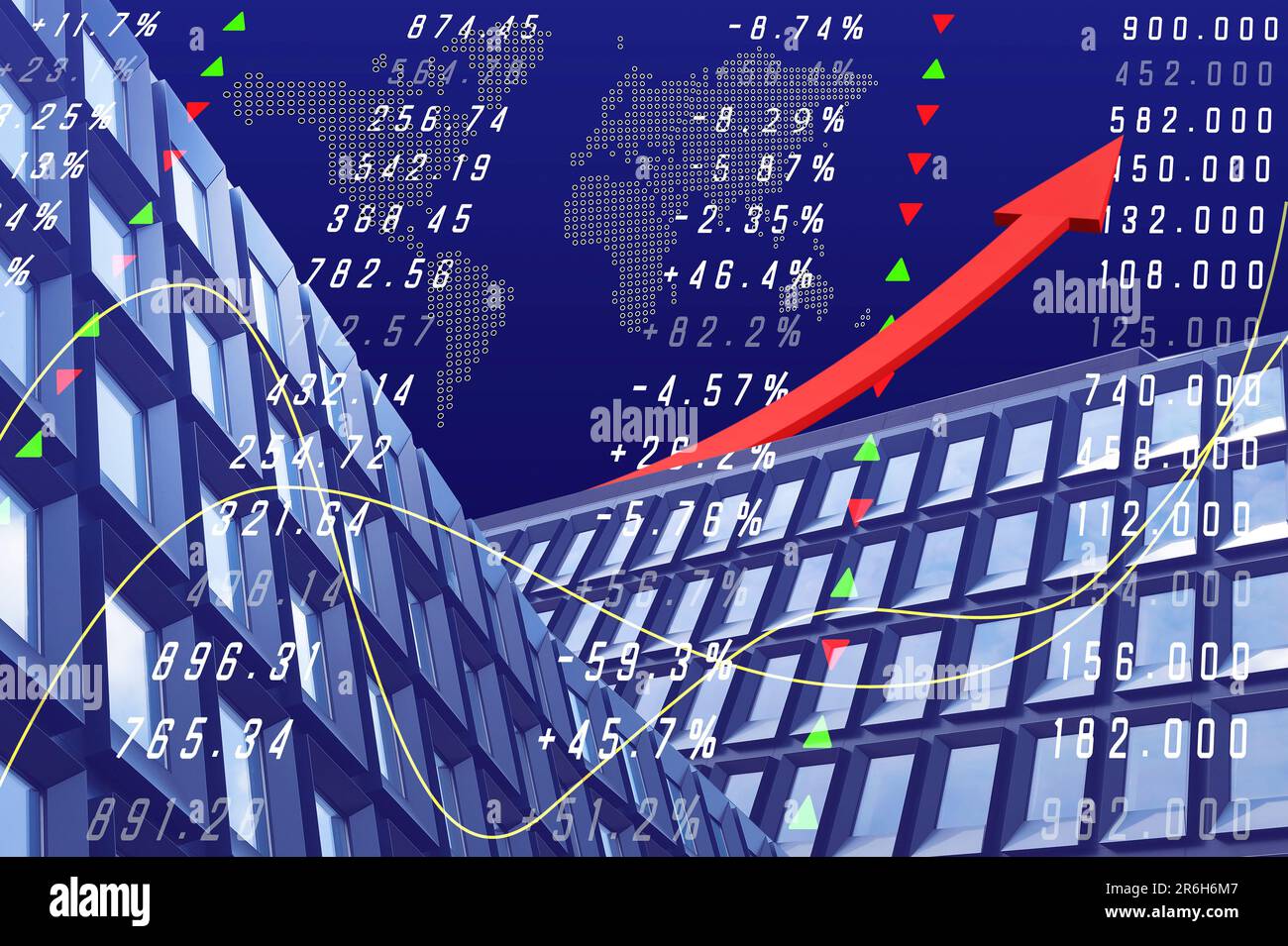 Stock exchange concept. Modern buildings, world map, data and arrow ...