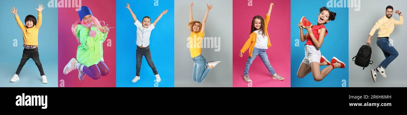 Collage with photos of people wearing trendy clothes and having fun on ...