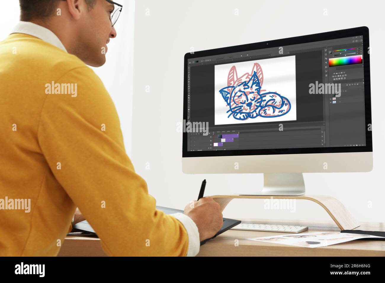Animator working with graphic tablet and computer. Illustration on ...