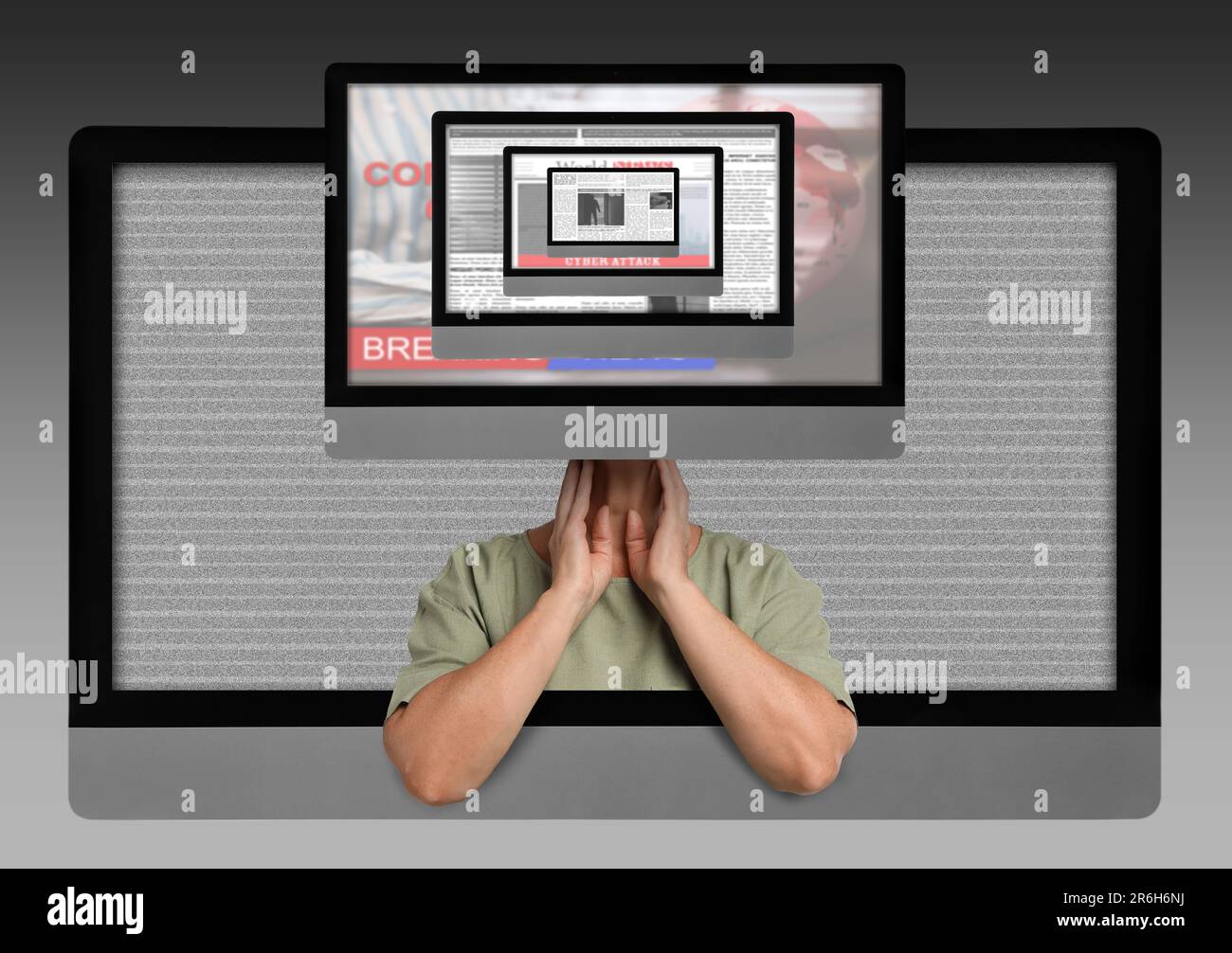 Mass media manipulation, propaganda, brainwashing. Woman in monitor ...